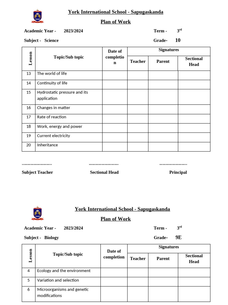York International School - Sapugaskanda Plan of Work | PDF