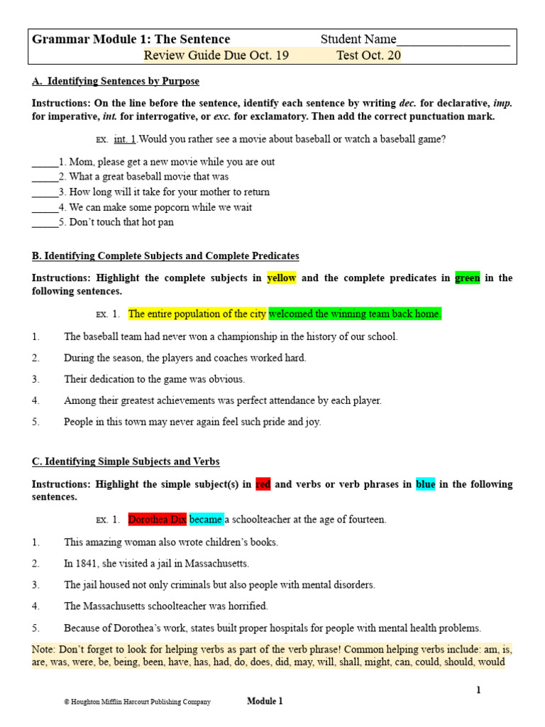 Grammar Module 1 Study Guide The Sentence | PDF