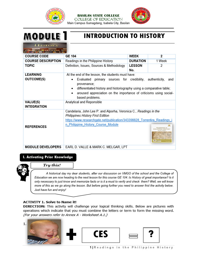 Introduction To History: Course Code GE 104 Week 2 Course Description Duration Topic Lesson No ...