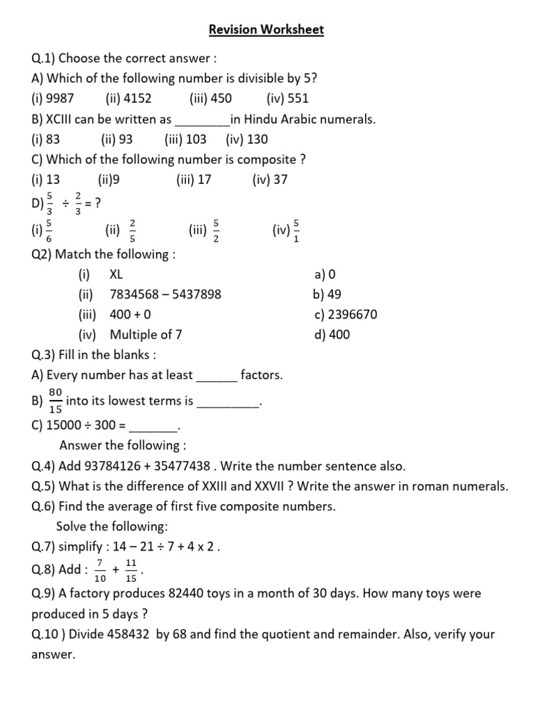Revision Worksheet 5th Maths Pdf