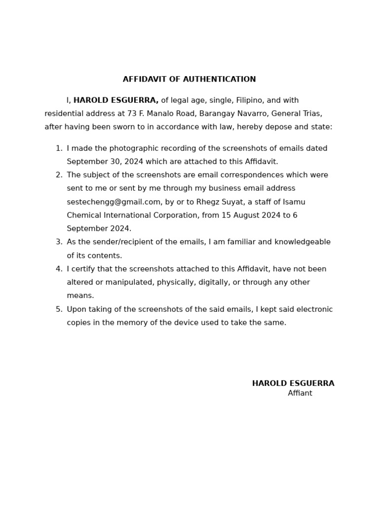 AFFIDAVIT OF AUTHENTICATION | PDF