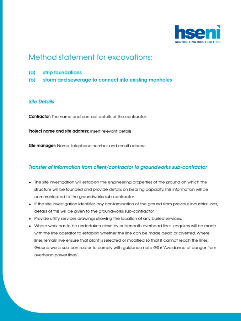 Example Method Statement For Excavation Work | PDF | Excavation ...