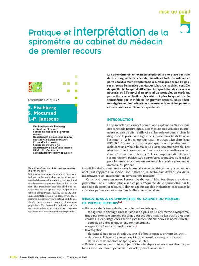 Interprétation: Pratique Et de La Spirométrie Au Cabinet Du Médecin de Premier Recours | PDF