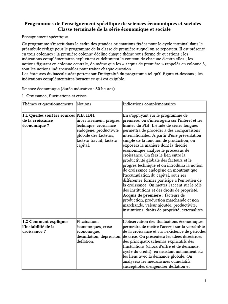 Programmes de L'enseignement Spécifique de Sciences Économiques Et ...