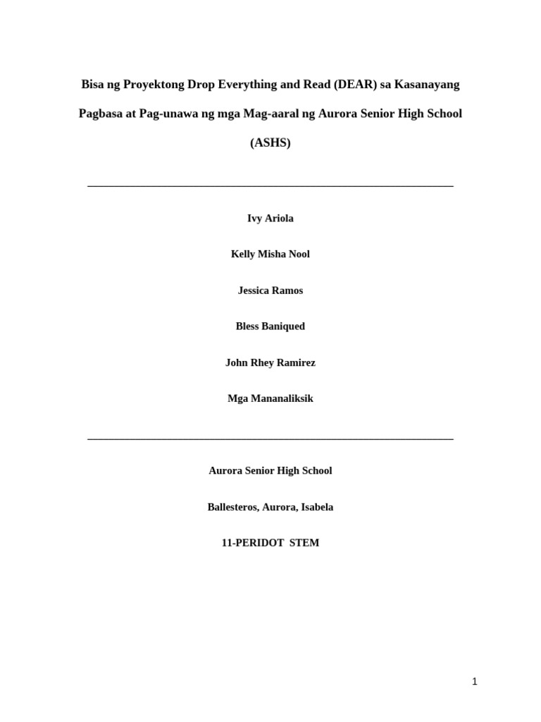 Bisa Ng Proyektong Drop Everything And Read Dear Sa Kasanayang Pagbasa At Pag Unawa Ng Mga Mag