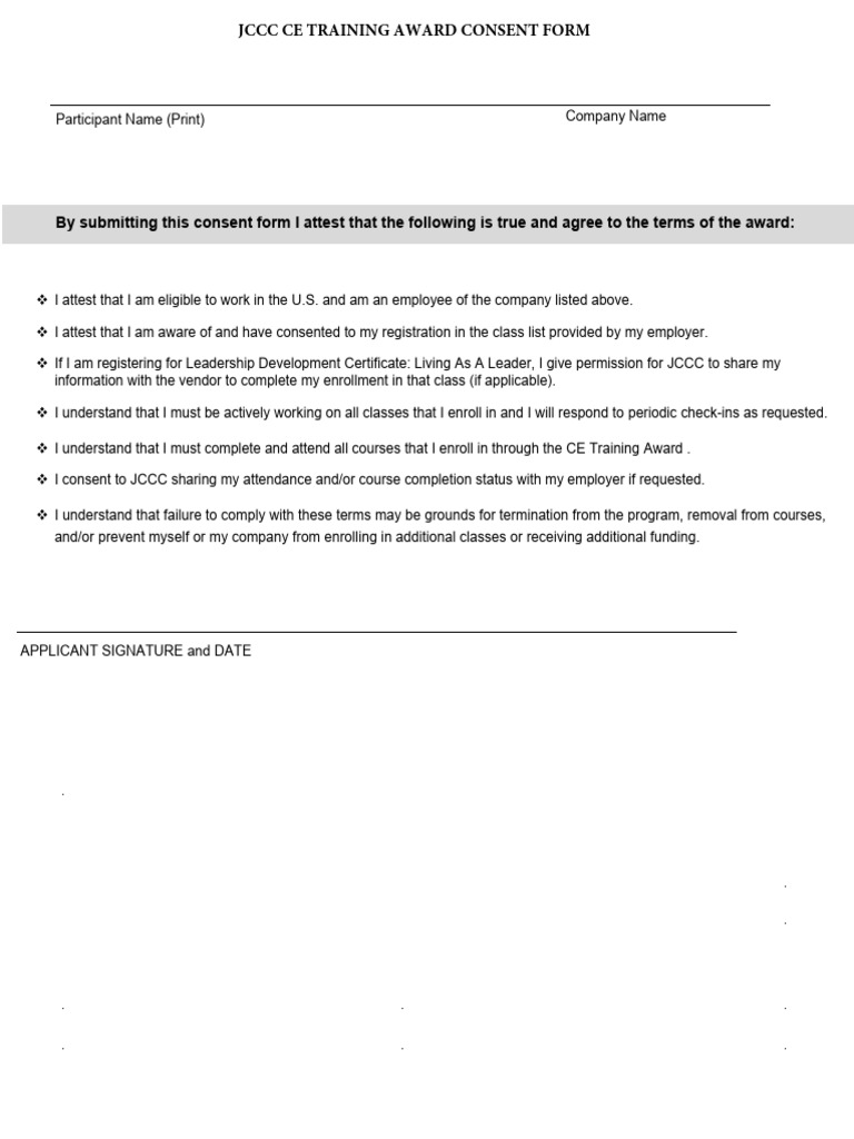 CE Training Award Consent Form - Business Individuals | PDF