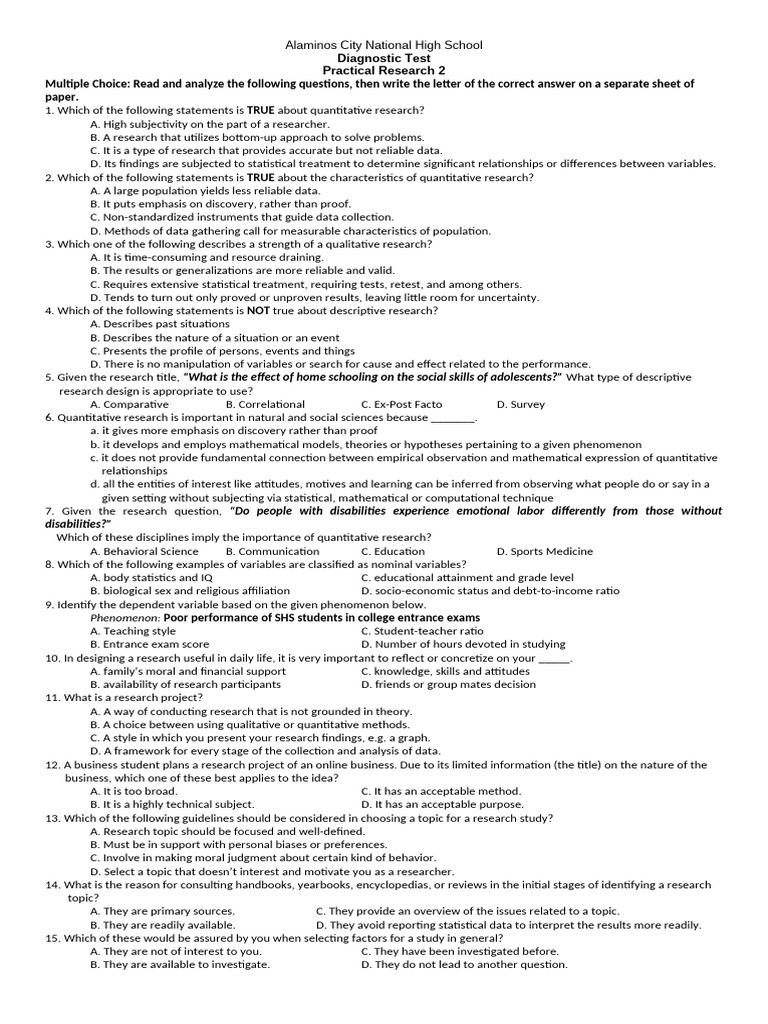 Diagnostic Test PR2 | PDF | Quantitative Research | Statistics