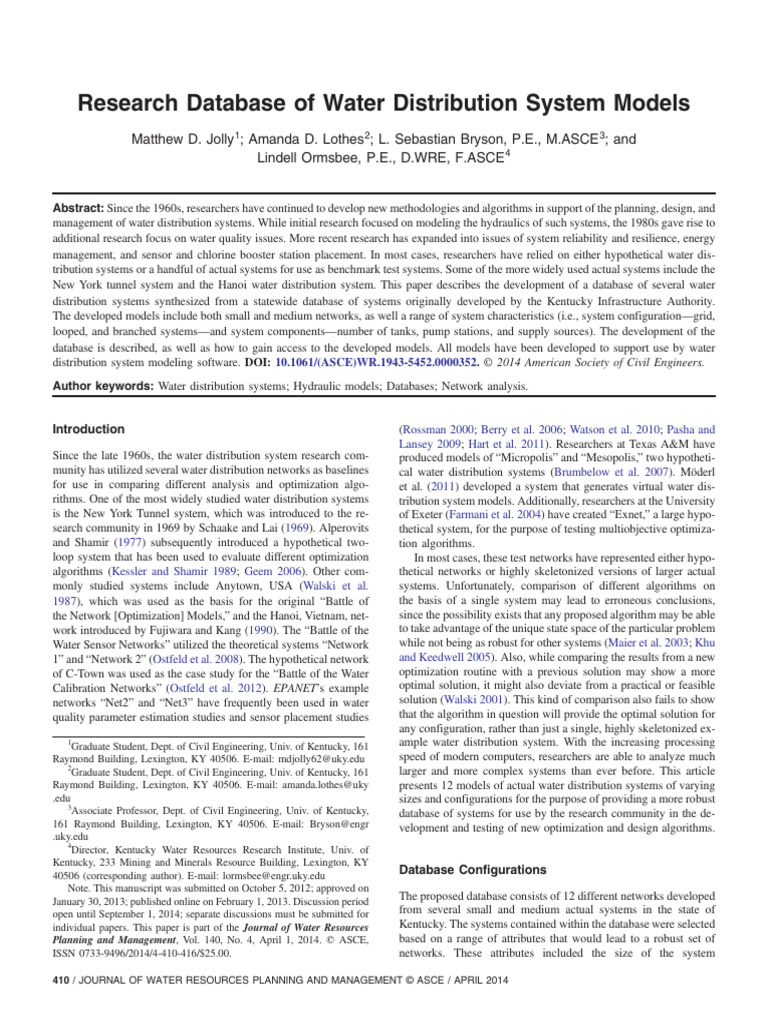 J.2 2014 Jolly Lothes Bryson and Ormsbee Research Database of Water Distribution System Models | PDF