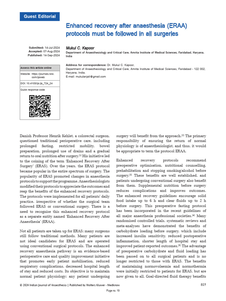 Enhanced Recovery After Anaesthesia Eraa .4 | PDF | Surgery | Self ...