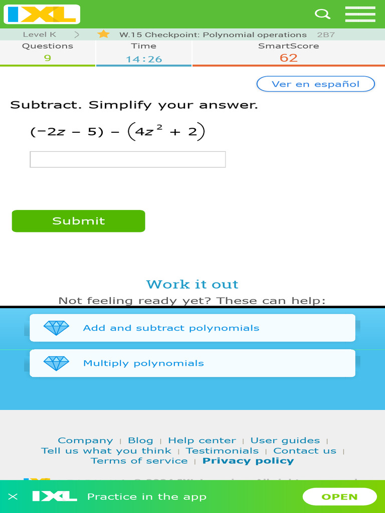 IXL - Checkpoint Polynomial Operations (Level K Practice) | PDF ...