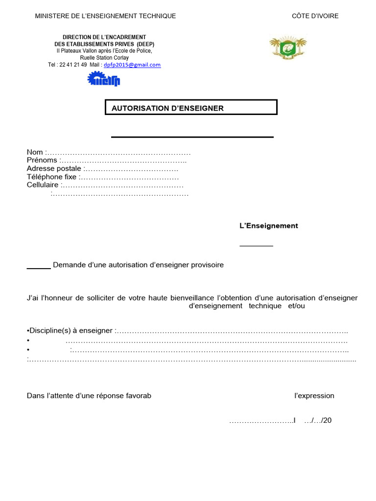 Modele de La Demande: Autorisation D'Enseigner Provisoire | PDF