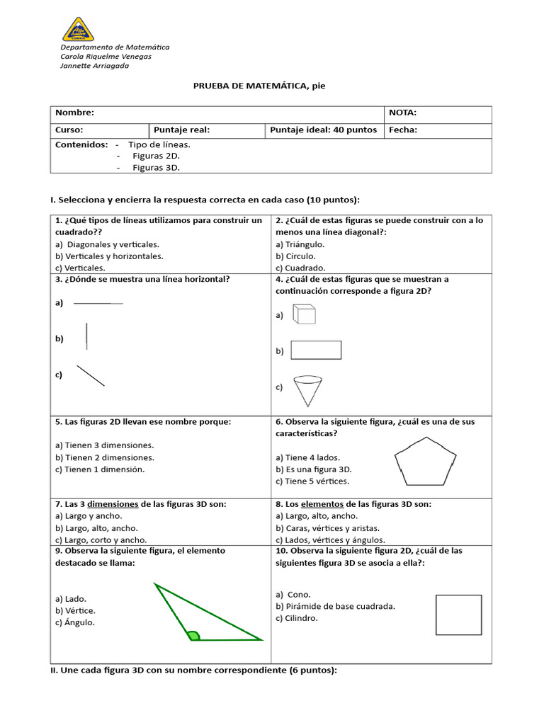 Prueba 2D 3D Segundo Basico | PDF | Geometría | Métodos y materiales de ...