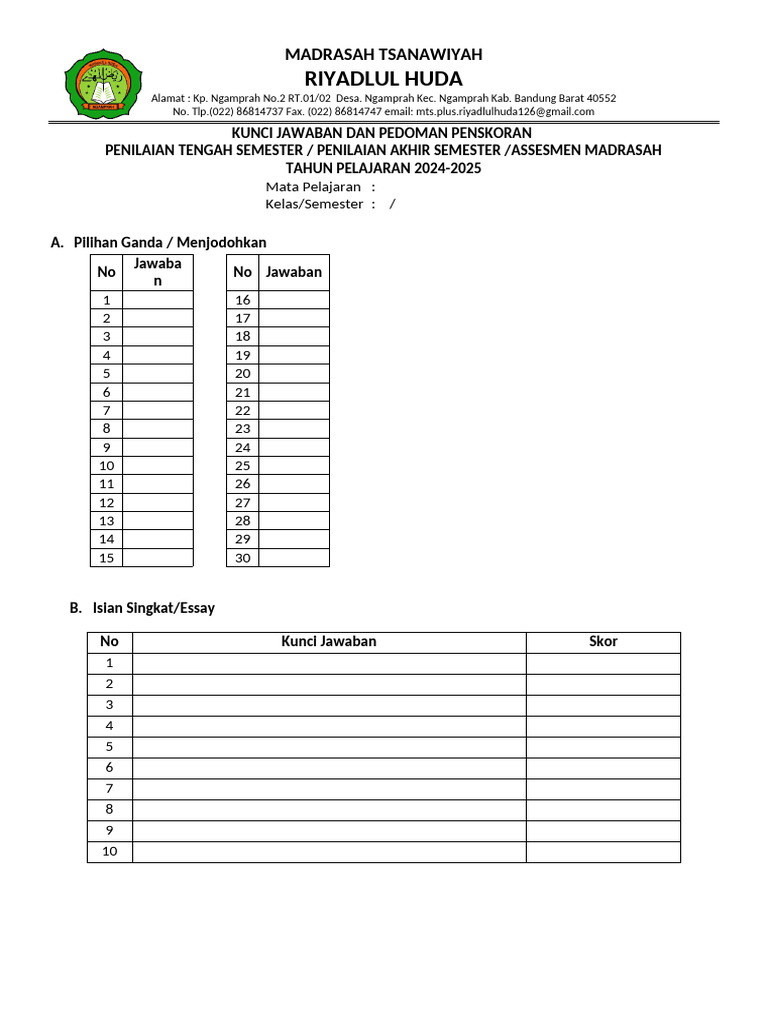 Format Kunci Jawaban Ujian | PDF