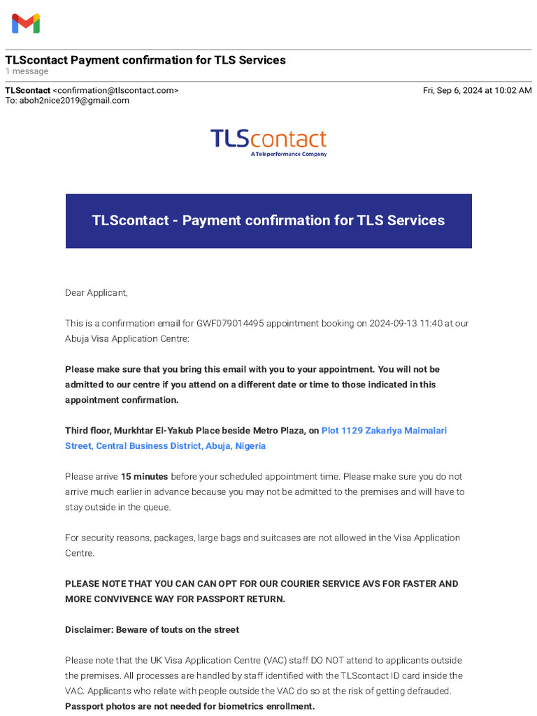 Visa Appointment Confirmation | PDF | Travel Visa | Identity Document