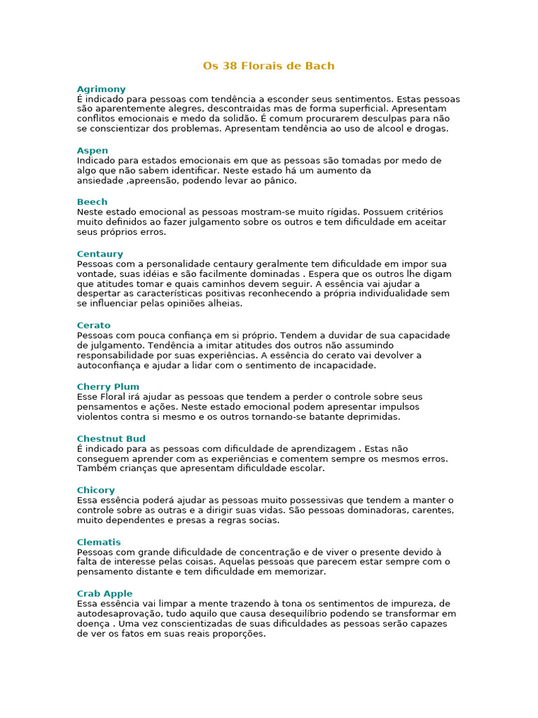 Os 38 Florais de Bach - Modelo | PDF