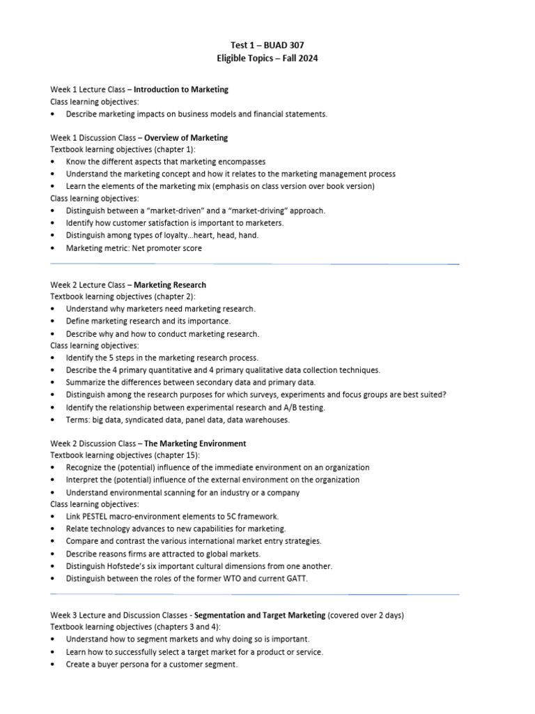 Eligible Test Topics BUAD 307 Fall 2024 | PDF
