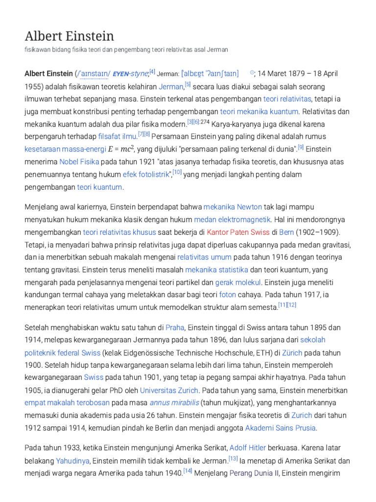 Albert Einstein - Wikipedia Bahasa Indonesia, Ensiklopedia Bebas | PDF