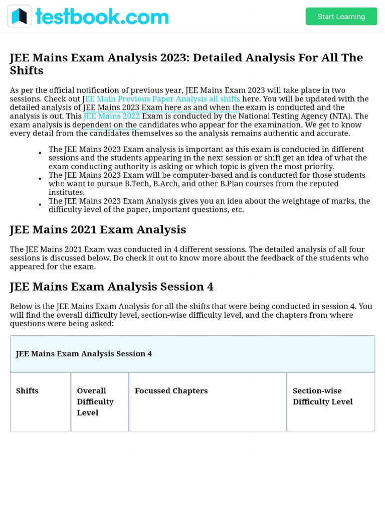 JEE Mains Exam Analysis 2023 - Detailed Analysis For All The Shifts | PDF