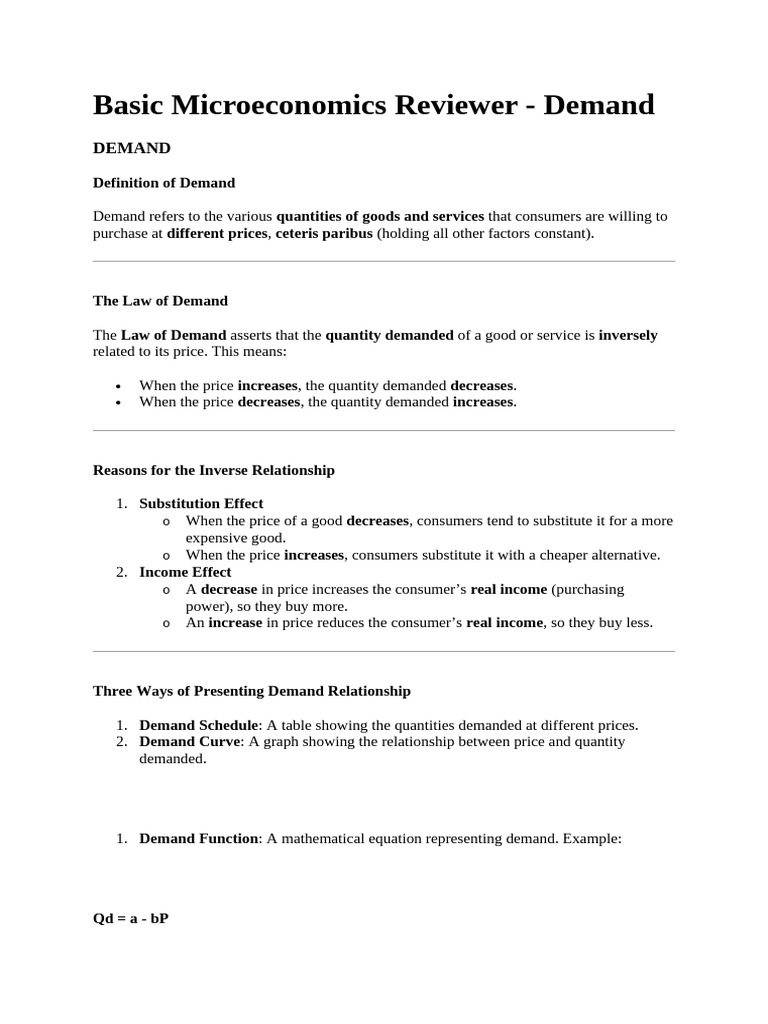 Basic Microeconomics Reviewer Demand | PDF