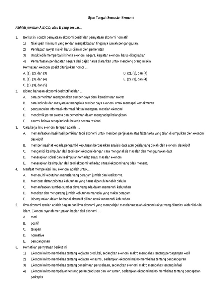 Pilihlah Jawaban A, B, C, D, Atau E Yang Sesuai : Ujian Tengah Semester Ekonomi | PDF