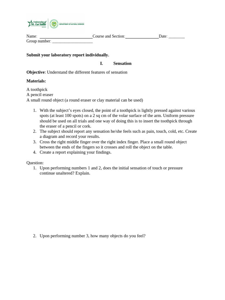 Senses Laboratory Activity Module 6 | PDF