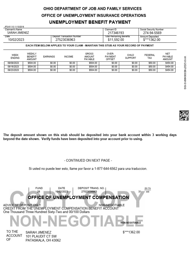 Unemployment Benefit Payment: Ohio Department of Job and Family ...