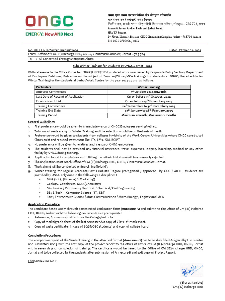 Circular-Winter Training 2024-25 at ONGC, Jorhat | PDF