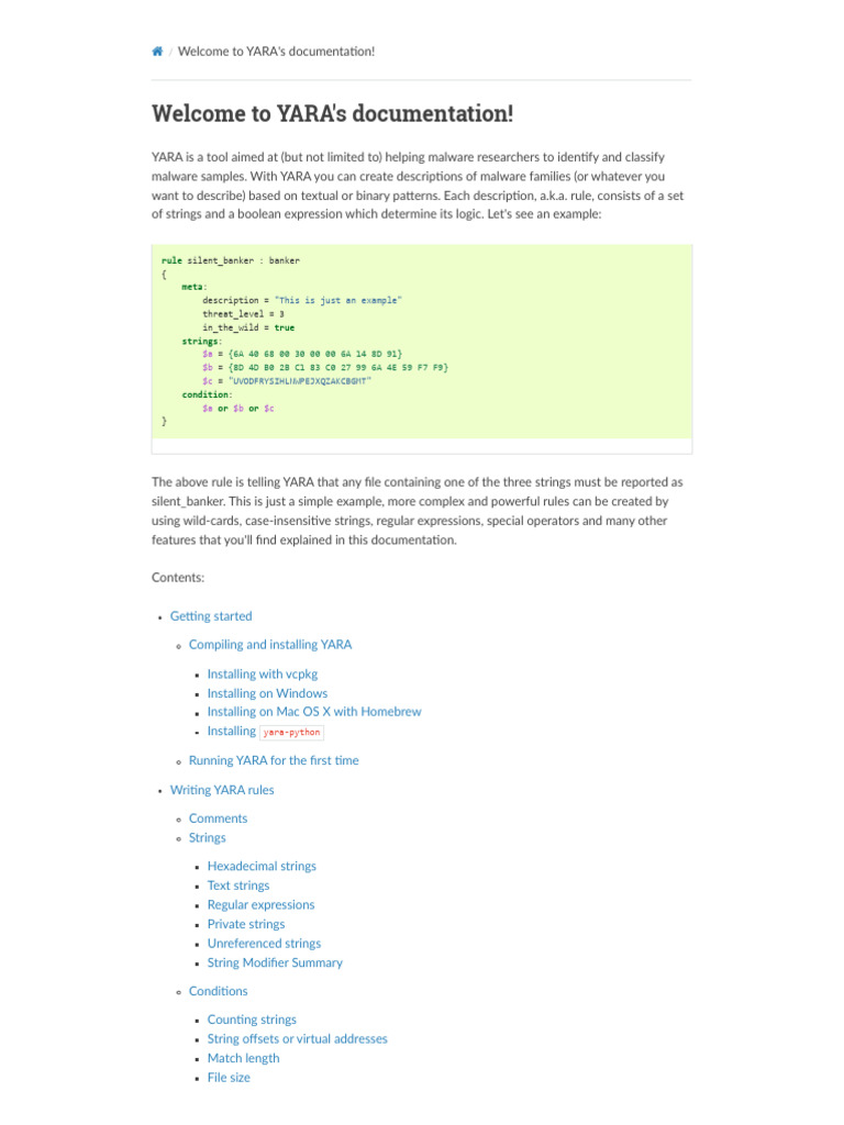Welcome To YARA's Documentation! - Yara 4.5.0 Documentation | PDF