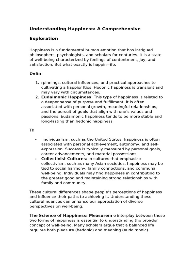 Understanding Happiness: A Comprehensive Exploration: Defin | PDF