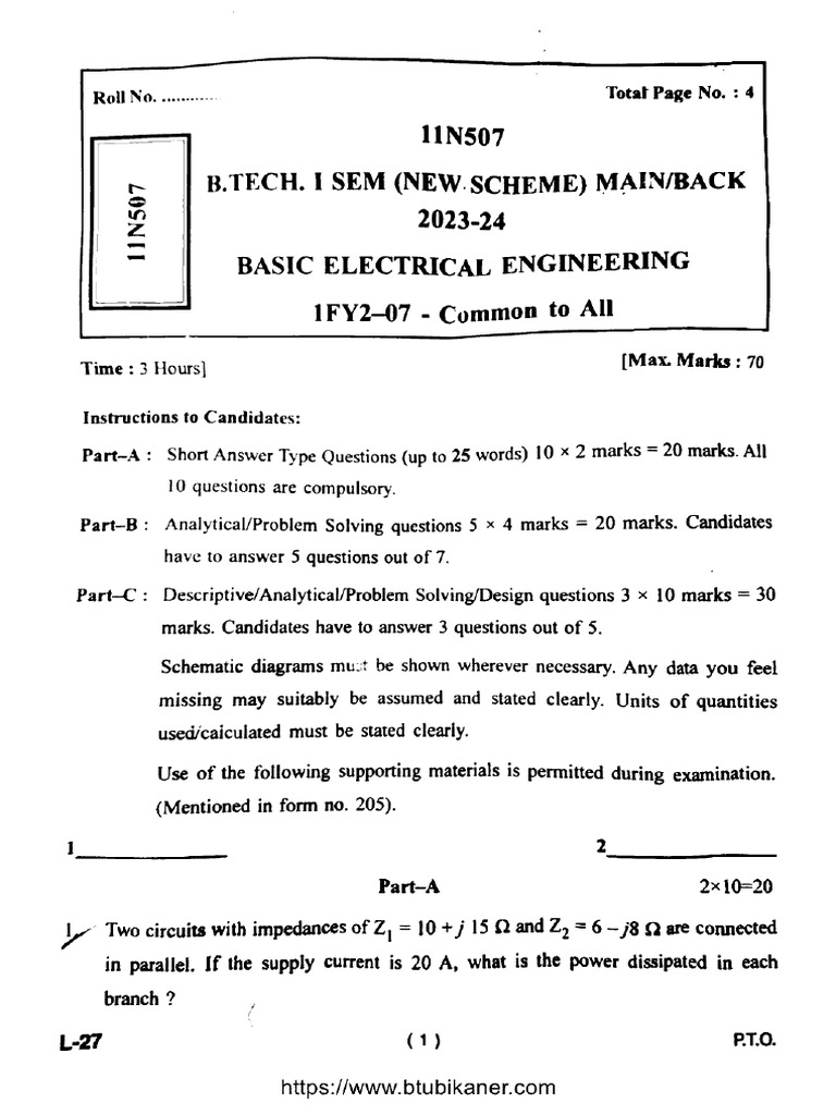 Btech 1 Sem Basic Electrical Engineering 11n507 2024 | PDF
