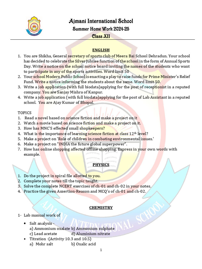 Class_XII_Summer_Home_Work_2024_25 | PDF