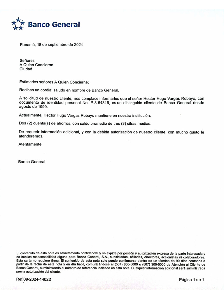 Carta ref. Bancaria Hector | PDF