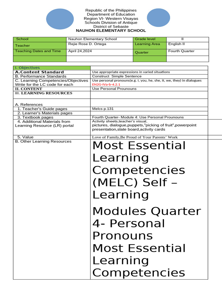 CO Lesson Plan English 4th | PDF