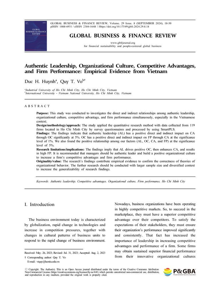 Authentic Leadership, Organizational Culture, Competitive Advantages, and Firm Performance ...