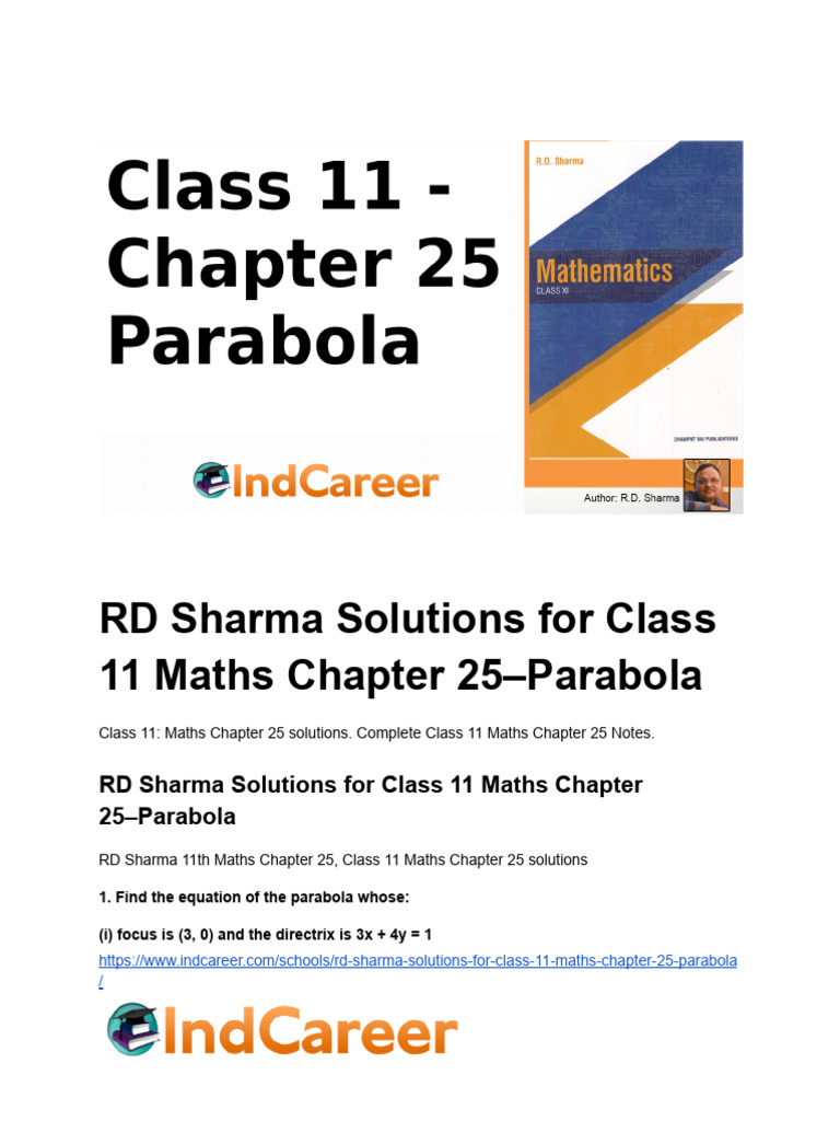 RD Sharma Solutions For Class 11 Maths Chapter 25 Parabola | PDF