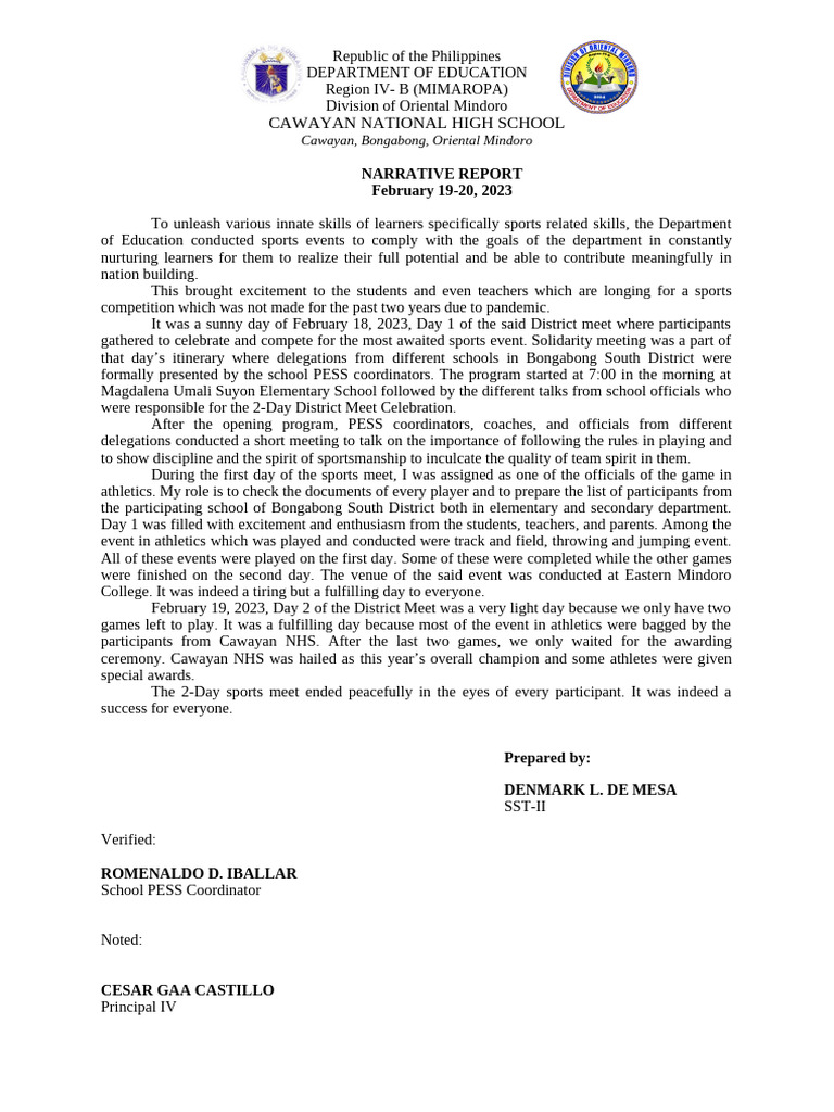 District Meet Narrative Report | PDF | Behavior Modification | Wellness