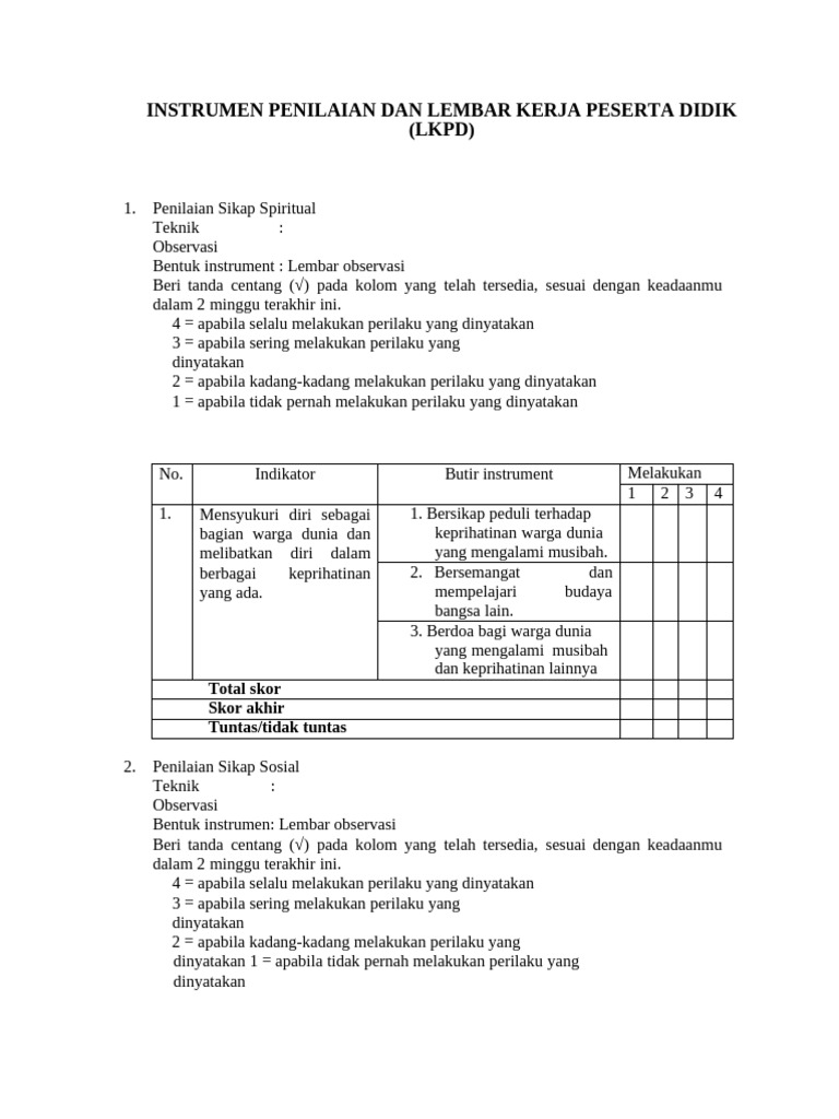 Instrumen Penilaian Dan Lembar Kerja Peserta Didik RPP 3 PPL 3 | PDF