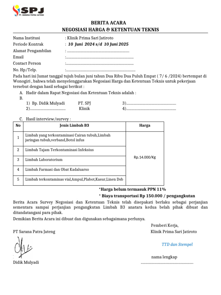 BA NEGOSIASI HARGA Klinik Prima Sari Jatiroto Wonogiri 2024 | PDF