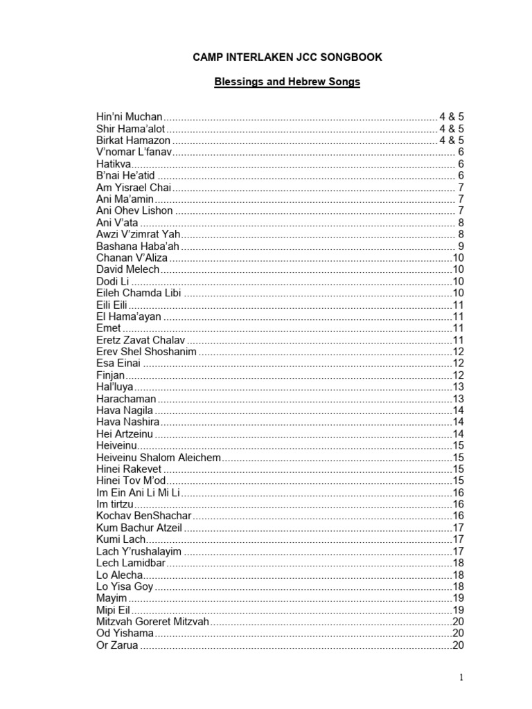 Camp Interlaken JCC Songbook | PDF | Hebrew Words And Phrases | Foreign ...