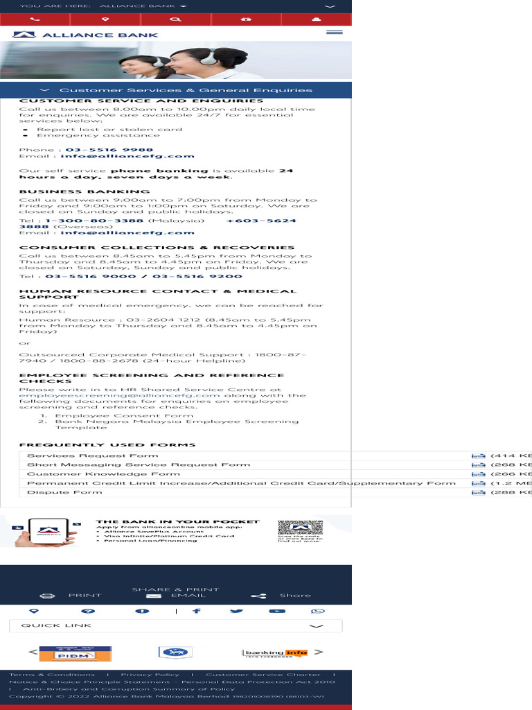 Contact Centre - Contact Number and Email Alliance Bank Malaysia | PDF