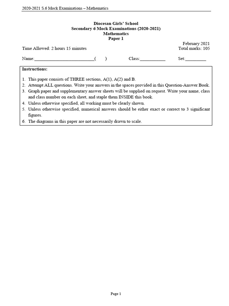 2020-21 S6 Maths (Compulsory, Paper 1) Mock Exams Questions | PDF