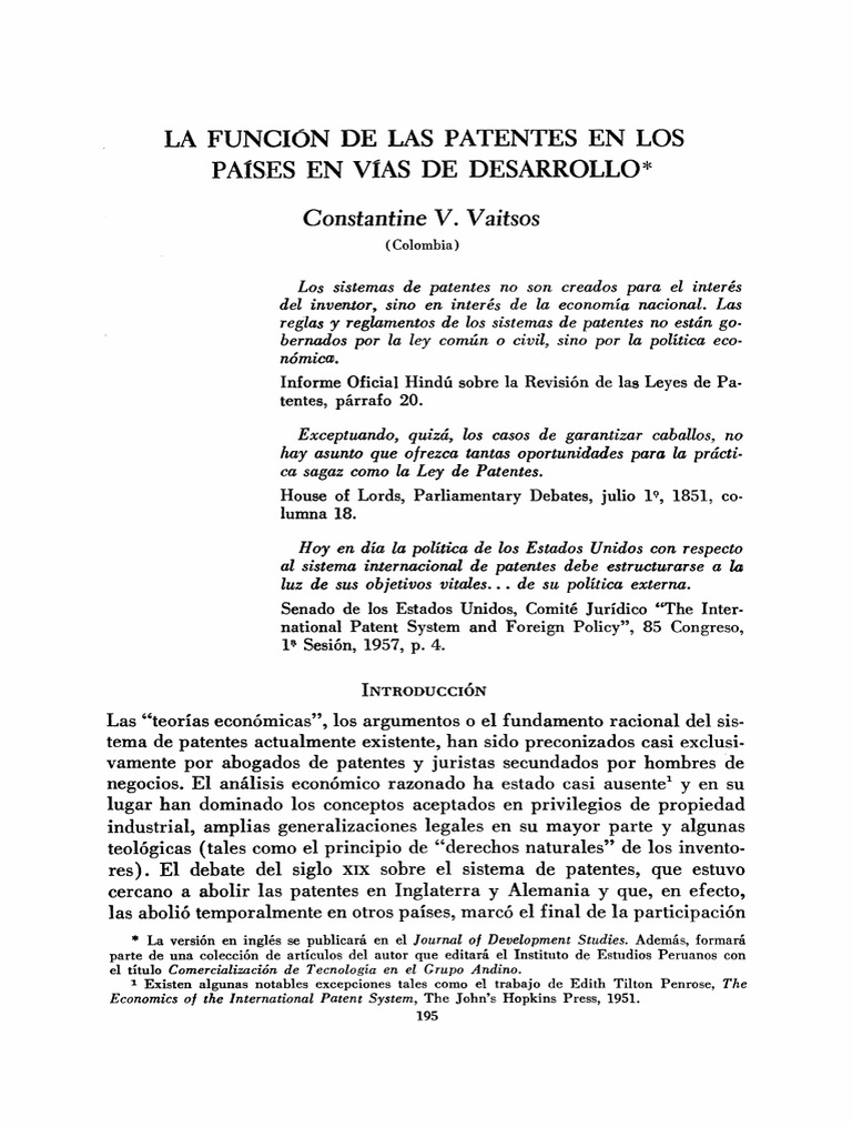 Vaitsos, C. (1973) - La Función de Las Patentes en Los Países en Vías ...