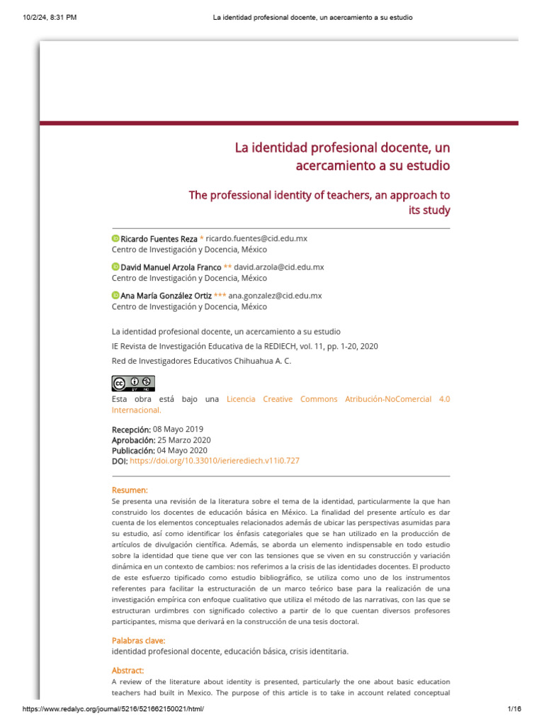 La Identidad Profesional Docente, Un Acercamiento A Su Estudio | PDF