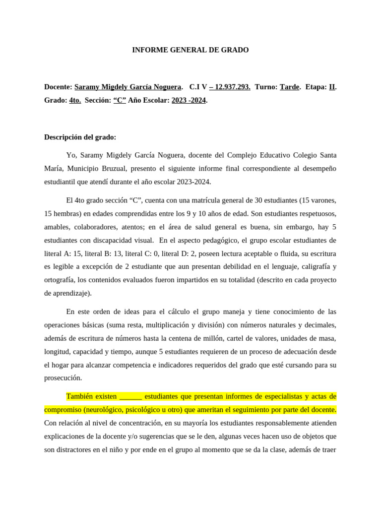 Informe General de Grado Colegio Santa Maria | PDF