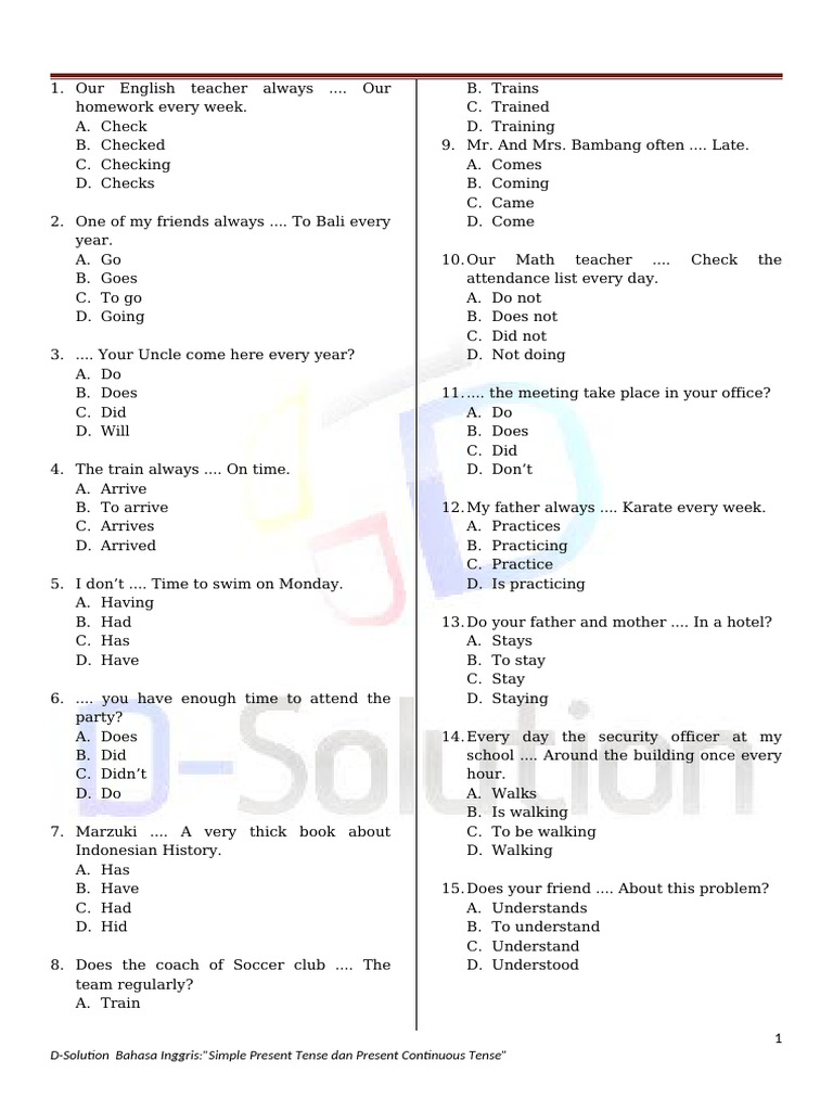 Soal Bahasa Inggris Kelas 7 Semester 1 Simple Present Tense Dan Present Continuous Tense | PDF