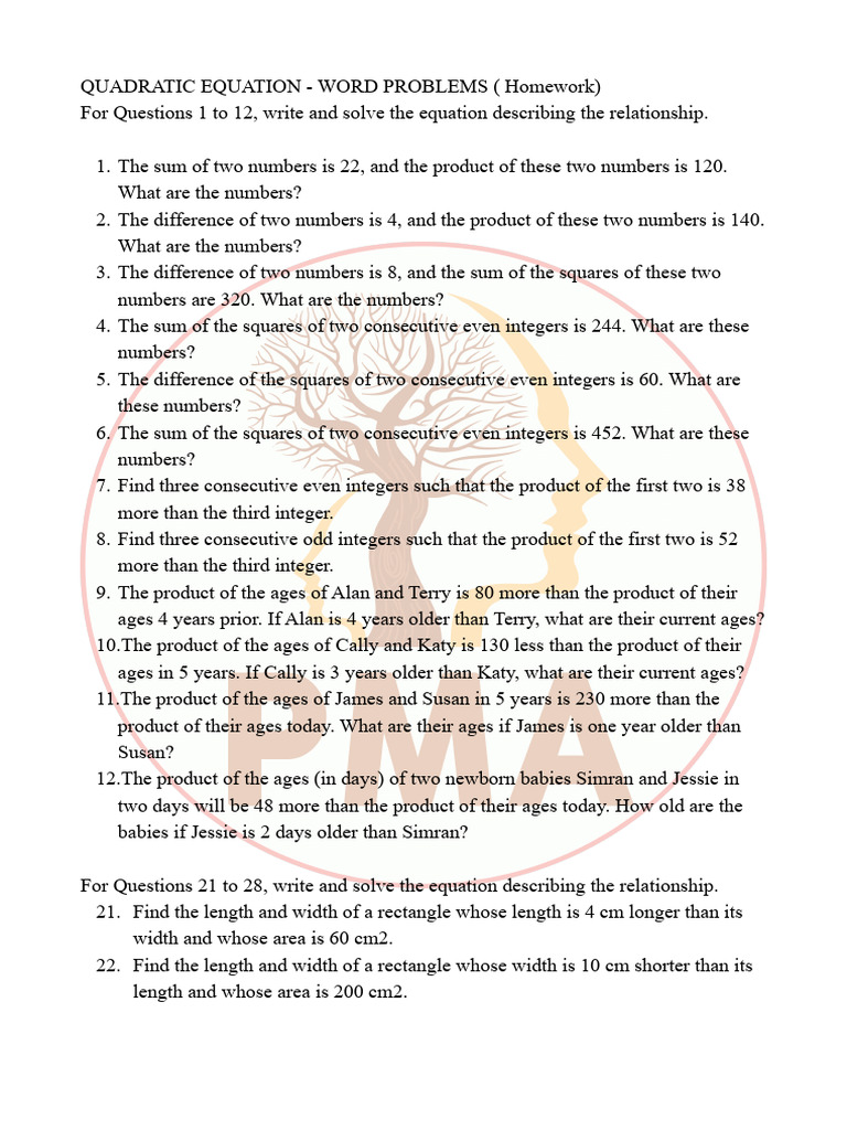 Quadratic Equations Word Problems 20 Questions | PDF | Length ...