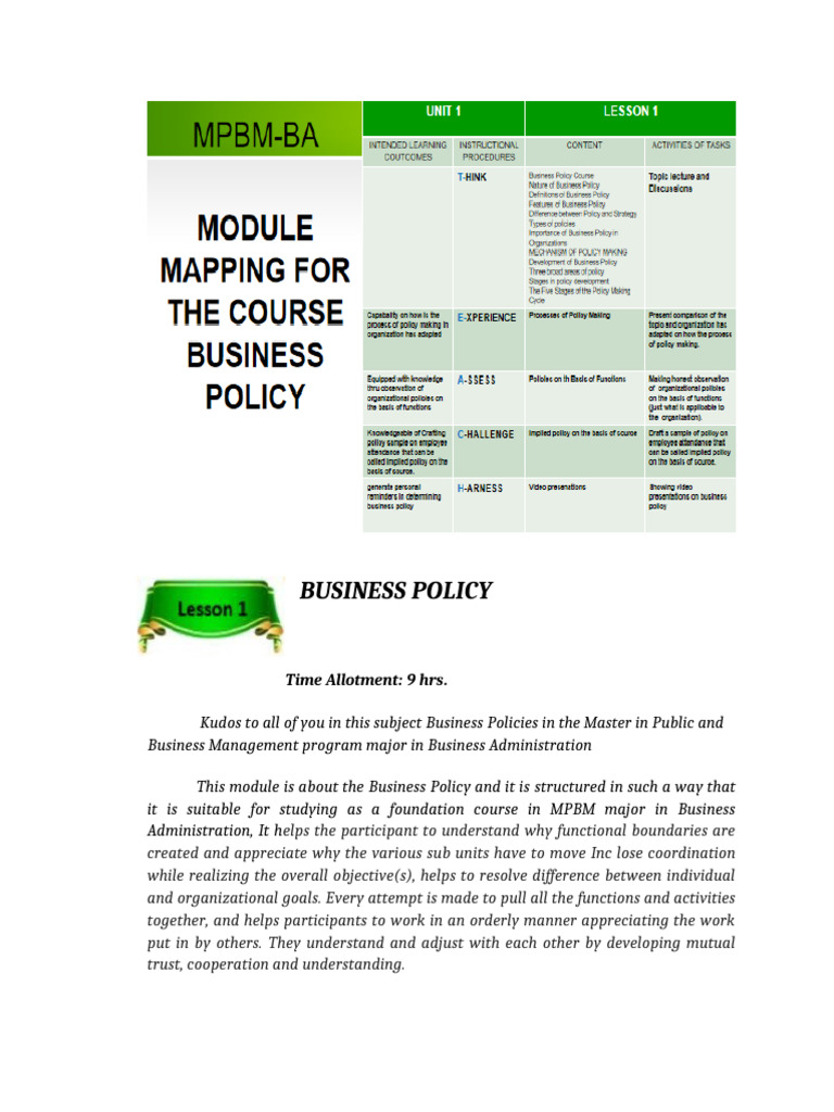 Lesson-1-Business-Policy by Sir Wilfedo A. Jaucian | PDF | Policy ...