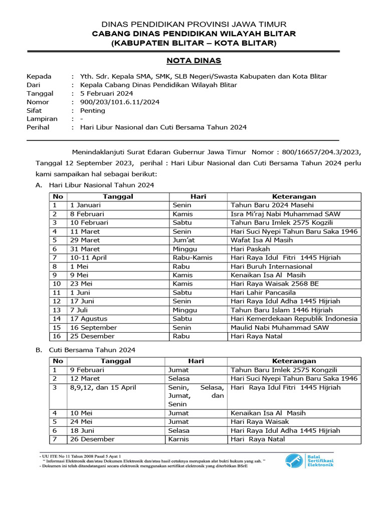 2024-203-Nodin Cuti Bersama 2024 - Sign | PDF