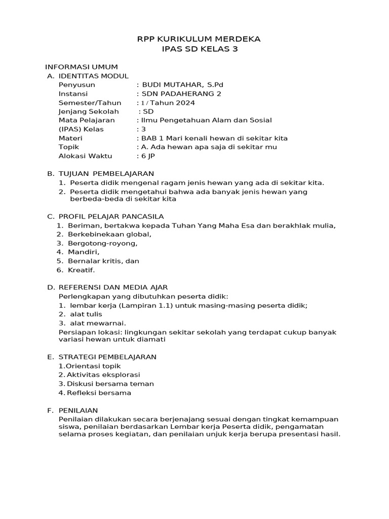 BUDI MUTAHAR_RPP_KURIKULUM_MERDEKA_IPAS_SD_KELAS_3 | PDF