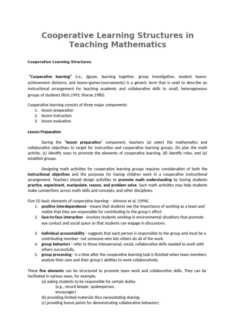 Cooperative Learning Structures in Teaching Mathematics | PDF